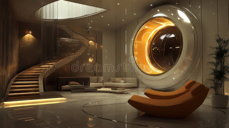 Futuristic Interior Design with Circular Window and Lounge Chairs Stock ...