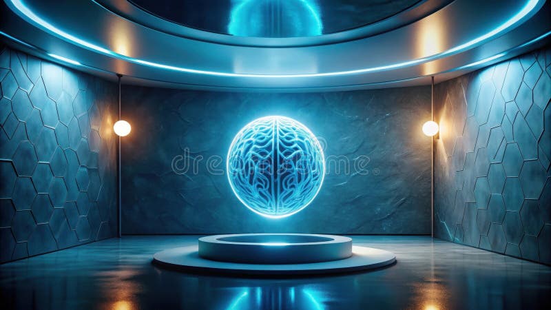 Futuristic Interior Design Featuring a Holographic Brain Display on a ...