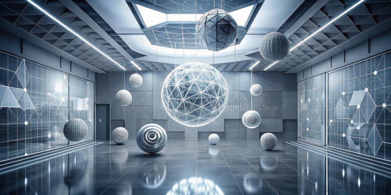 Futuristic Interior Design with Glowing Geometric Spheres Suspended ...