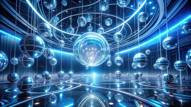 Futuristic Interior Design with Reflective Spheres and Neon Lighting in ...