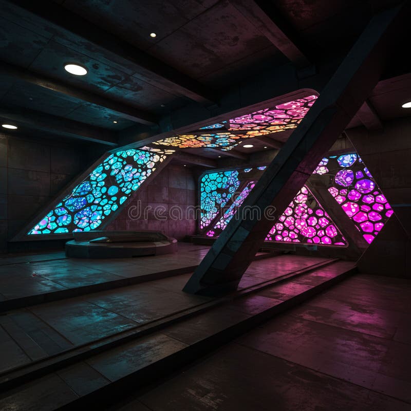 Futuristic Interior Featuring Triangular Structures with Vibrant ...
