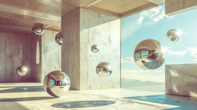 Futuristic Interior with Floating Spheres and Mountain View Stock ...