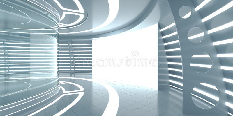 Futuristic Interior with Glass Showcase and Panel Stock Illustration ...