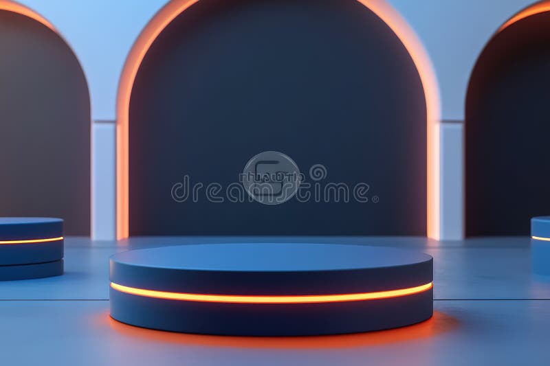 Futuristic Interior with Glowing Arches and Circular Platforms Stock ...