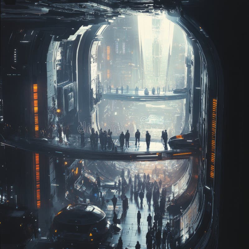 Futuristic Interior with Glowing Lights and Crowds Stock Photo - Image ...