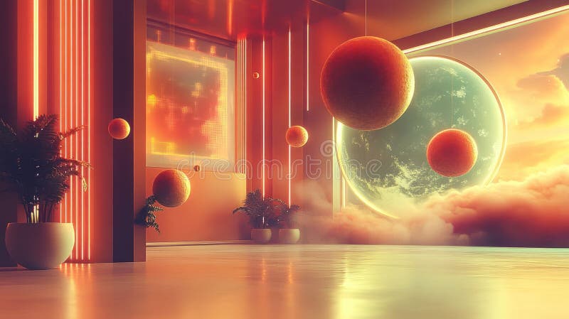 A Futuristic Interior with Glowing Planets and a Cosmic View, Blending ...