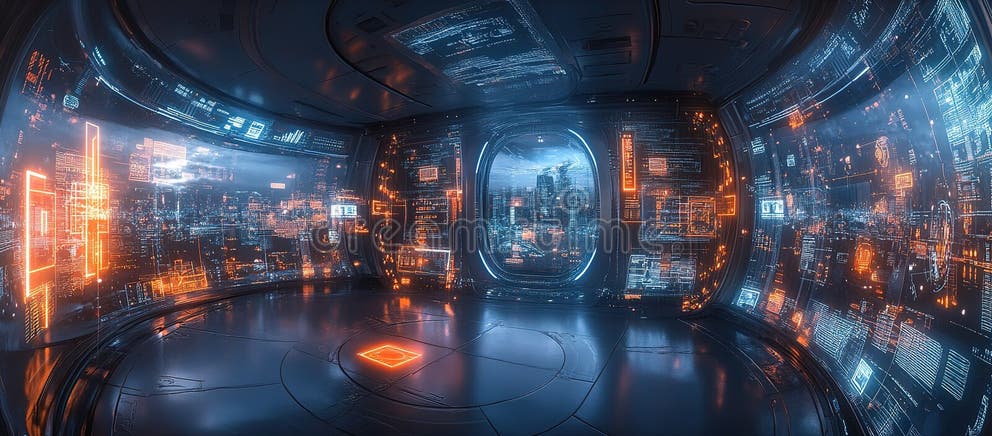 Futuristic Interior with Glowing Screens and City View at Twilight ...