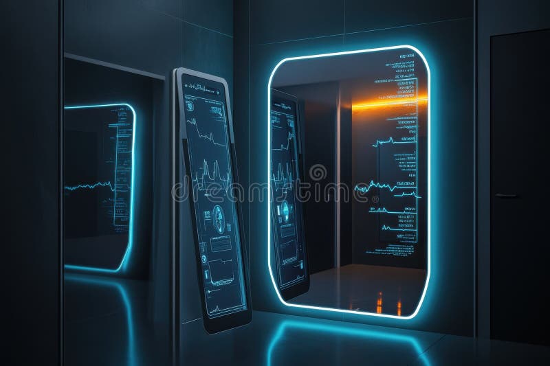 Futuristic Interior Glowing Smart Mirror Digital Interface Display ...
