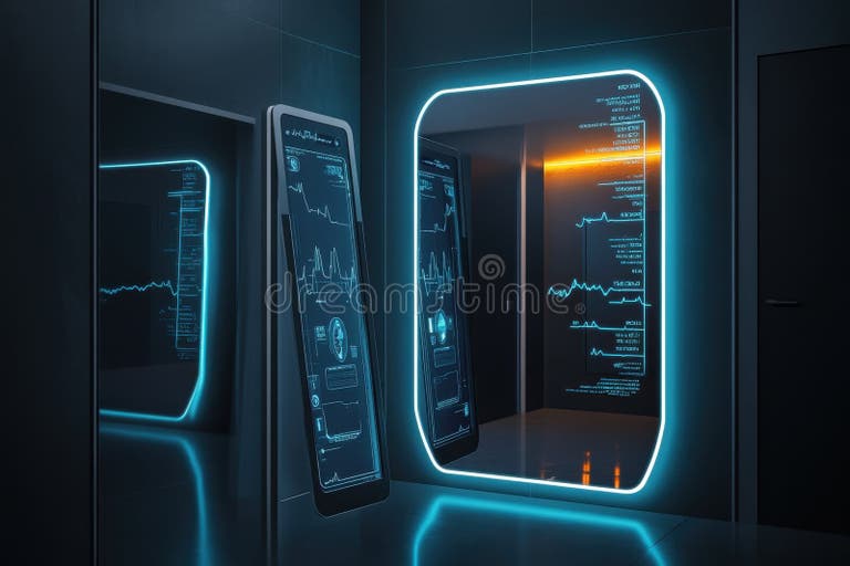 Futuristic Interior with Glowing Smart Mirror and Digital Interface ...