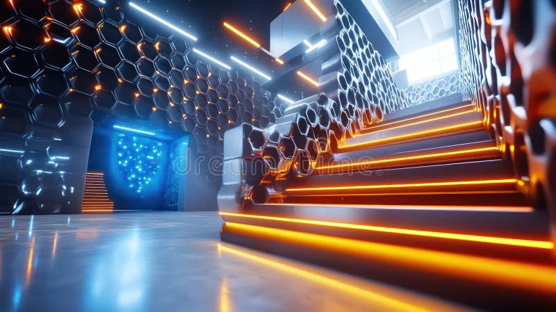 A Futuristic Interior with Illuminated Stairs and Hexagonal Wall ...