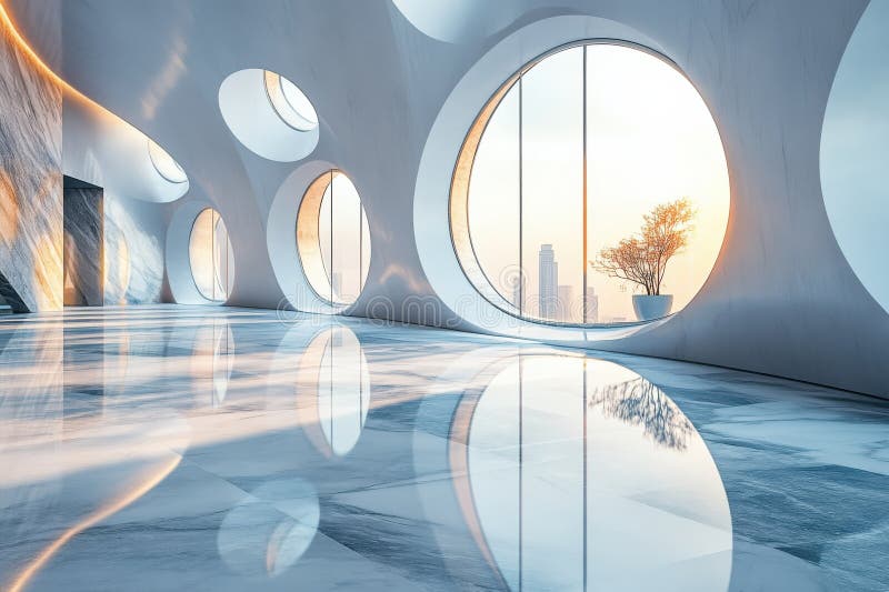 Futuristic Interior Large Circular Windows Skyline View Sunset Stock ...