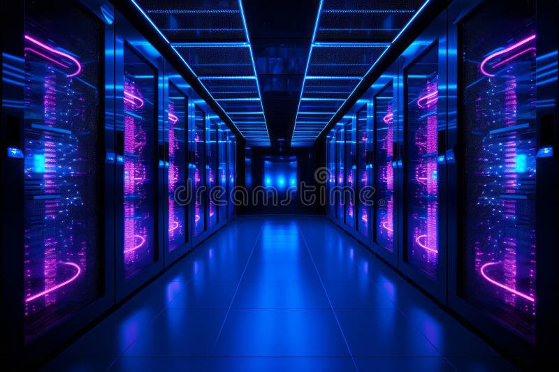 Futuristic Interior of Modern Data Centre, with Rows of Servers Shining ...