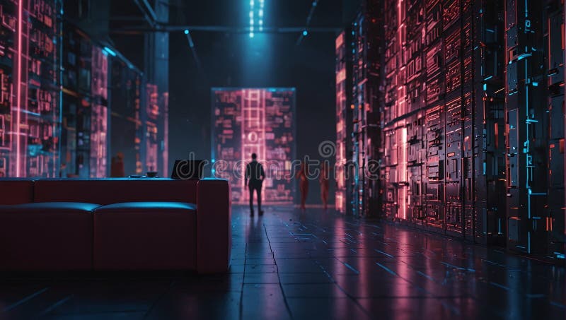 Futuristic Interior with Neon-Lit Panels and Silhouettes of People in a ...