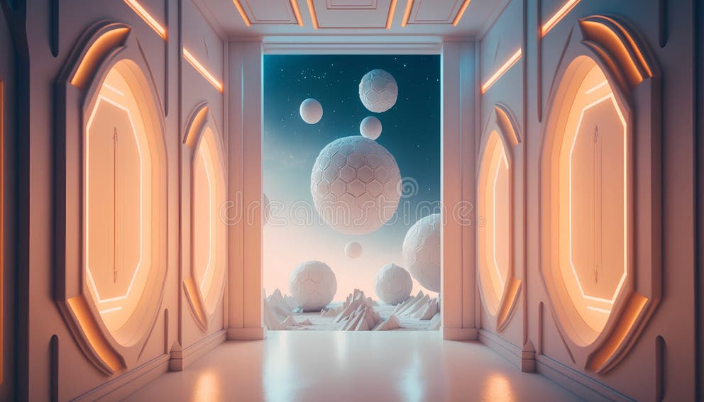 Futuristic Interior with Open Door and Planets. 3D Rendering Stock ...