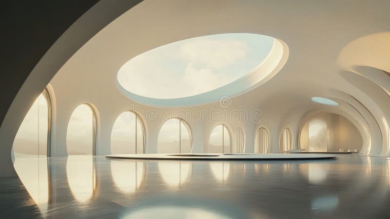 Futuristic Interior with Oval Skylight and Arched Windows Stock Photo ...
