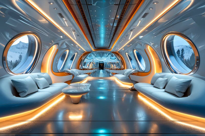 A Futuristic Interior of a Private Jet with White Couches and Windows ...