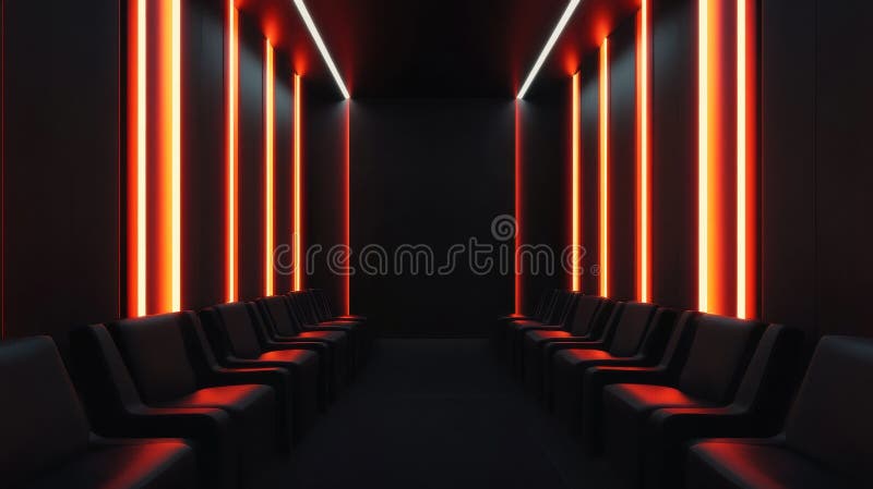 Futuristic Interior with Red Neon Lights and Black Minimalist Seating ...