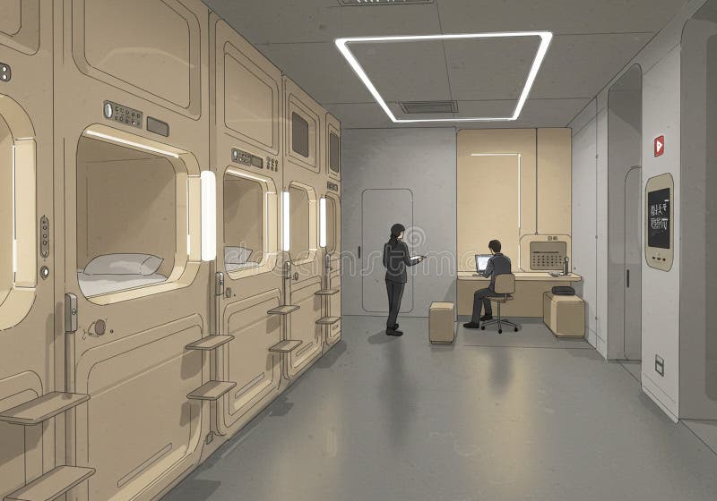 Futuristic Interior with a Row of Capsule Pods on the Left, Providing ...