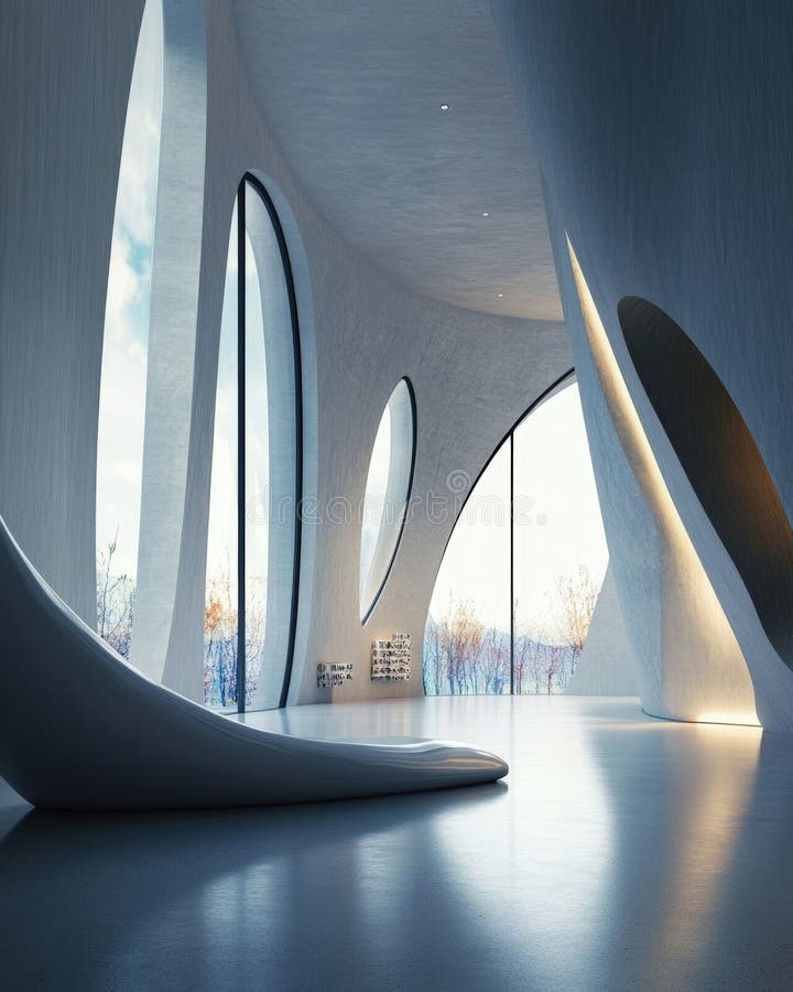 A Futuristic Interior with Sculptural Concrete Staircases and Large ...