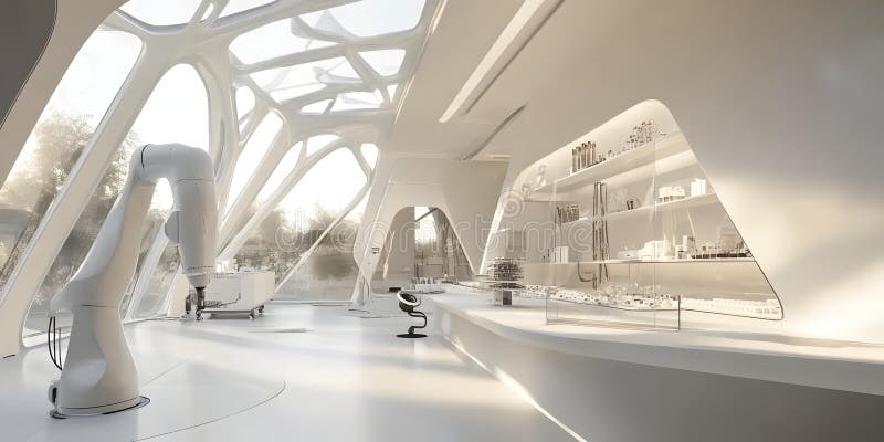 Futuristic Interior Space with Robotic Assembly Technology Stock ...