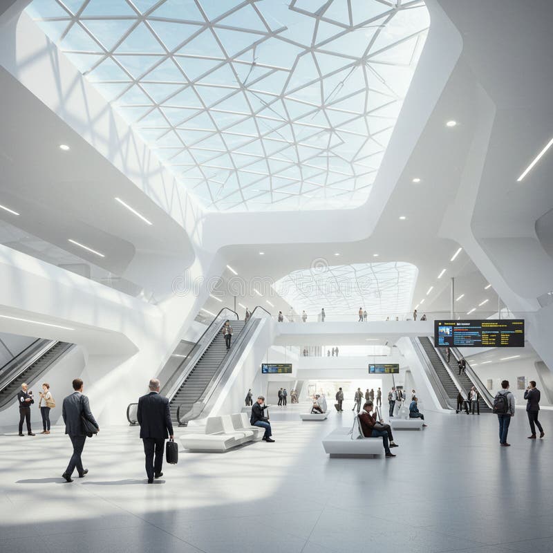 Futuristic Interior of a Spacious Transportation Hub Featuring a ...