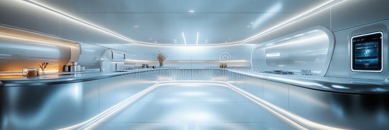 Futuristic Interior with Streamlined Metallic Surfaces, Touch-screen ...