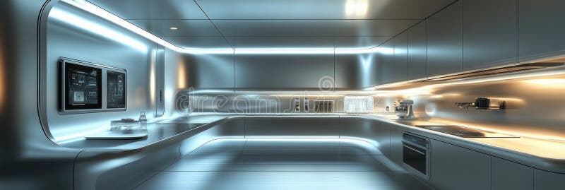 Futuristic Interior with Streamlined Metallic Surfaces, Touch-screen ...