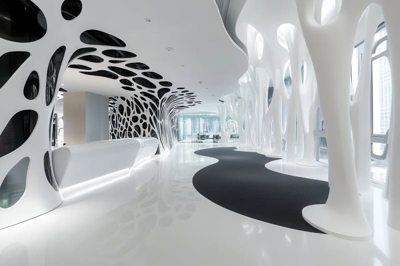 Futuristic Interior with White Organic Structures and Black Accents in ...