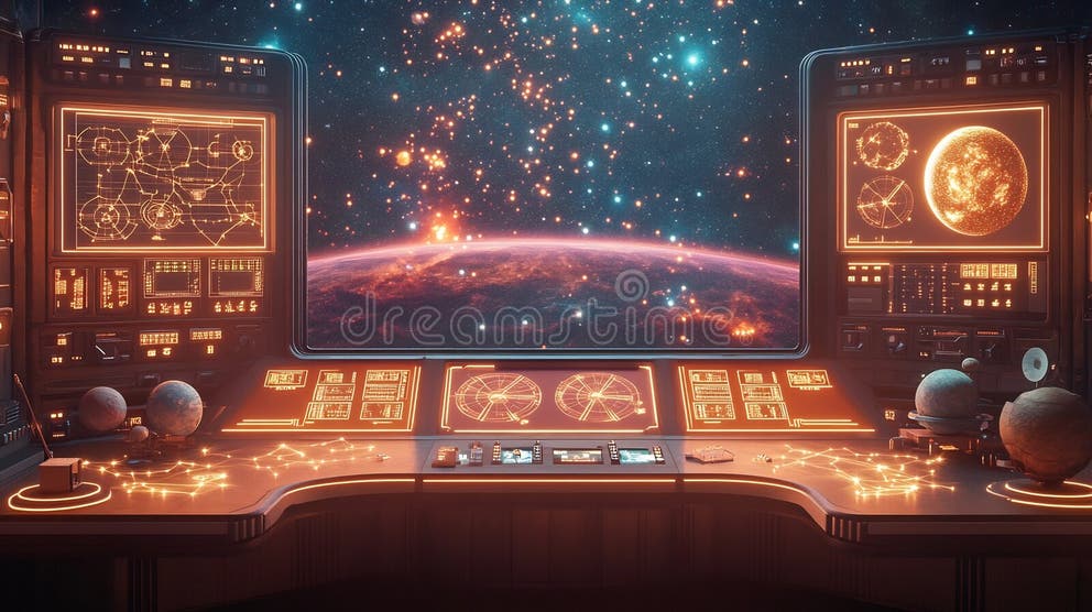 Futuristic Interstellar Observatory Control Panel with Glowing Star Charts and Planetary Models ...