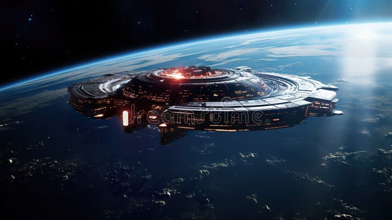Futuristic Interstellar Space Station on Planet Orbit, Spaceship ...