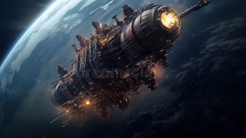 Futuristic Interstellar Spacecraft Orbiting a Mysterious Planet. Space ...