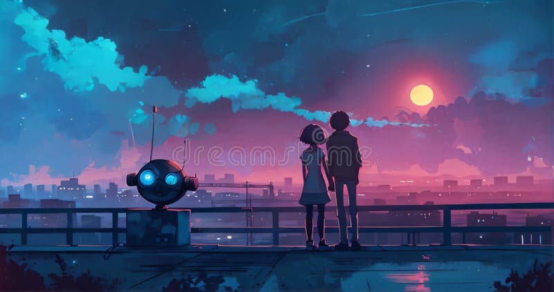 Futuristic Intimacy Human And Robot Couple Stargaze On Rooftop