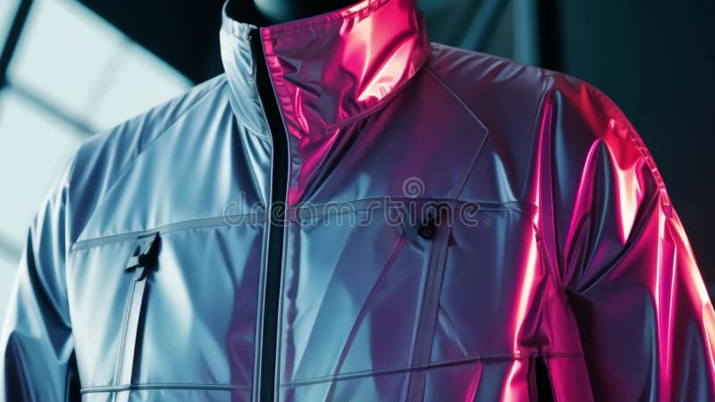 Futuristic Iridescent Jacket with Neon Hues in Modern Setting Stock ...