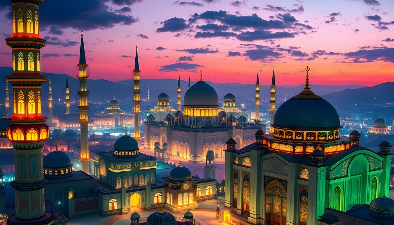Futuristic Islamic Cityscape with Glowing Domes and Neon Lights. Stock ...
