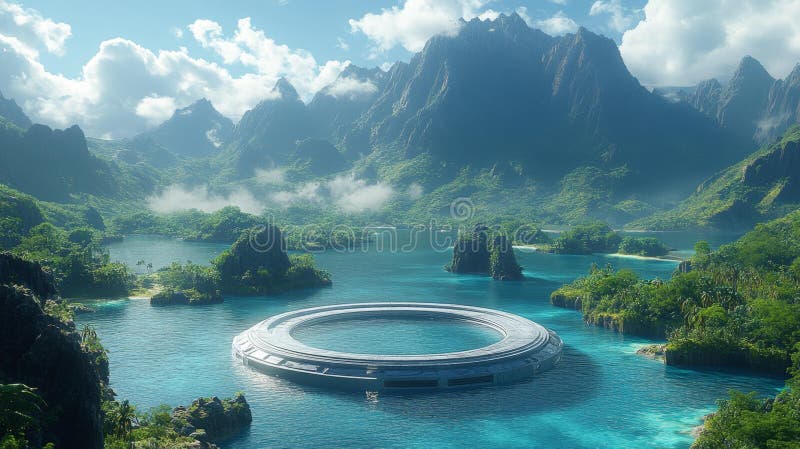 Futuristic Island Landscape with Circular Structure Generative AI Stock ...