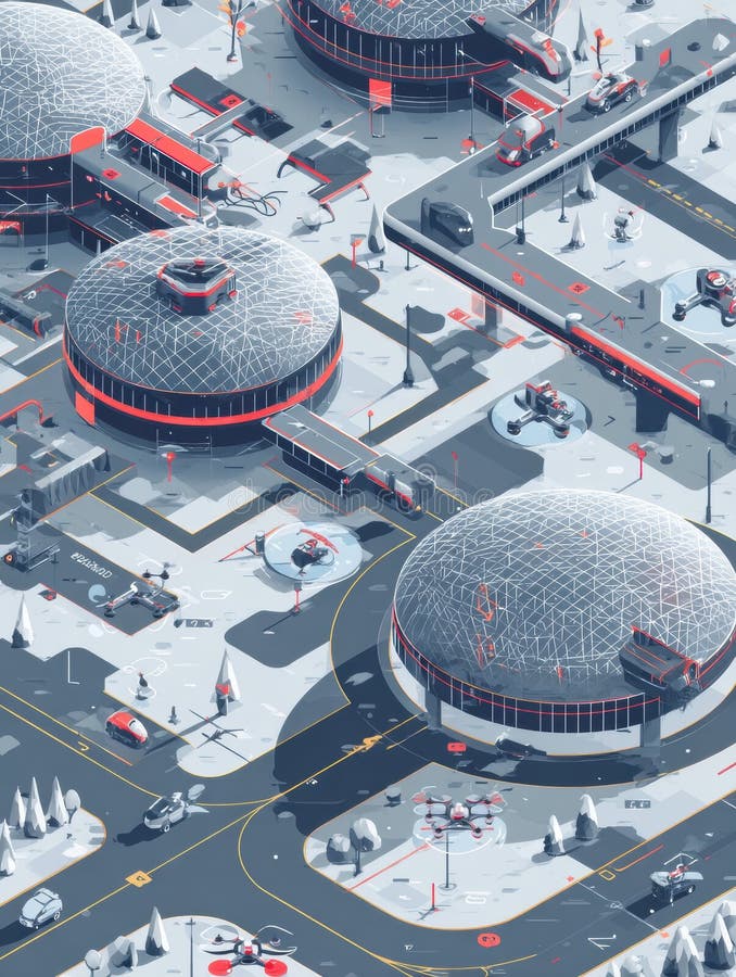 Futuristic Isometric Airport Featuring Autonomous Drones and Innovative ...