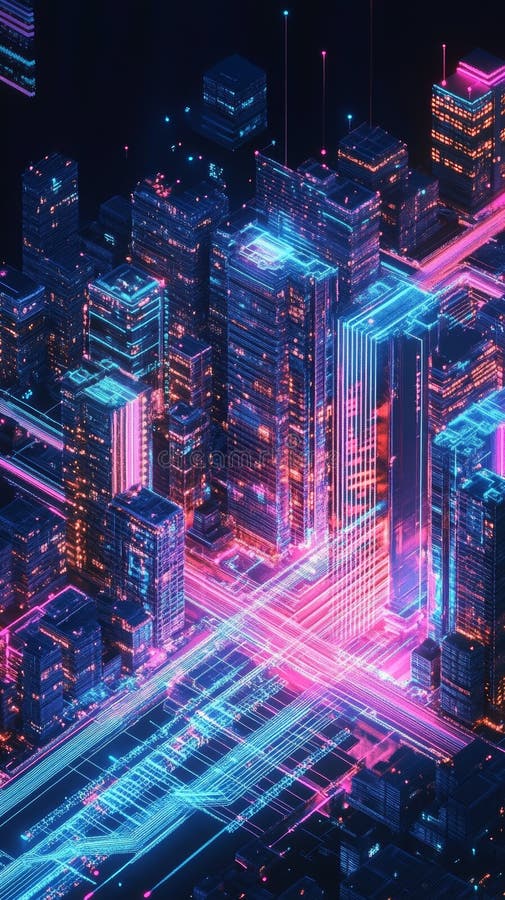 Futuristic Isometric Cityscape with Digital Data Visuals in Neon Colors ...
