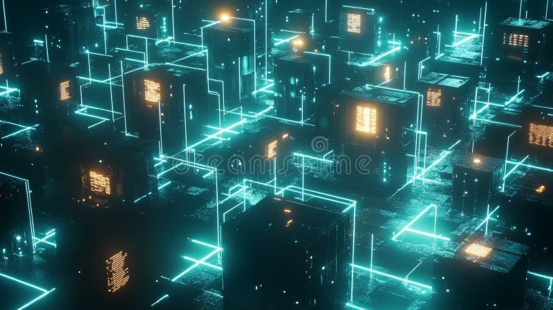 Futuristic Isometric 3D Grid of Floating Data Cubes in Neon Light ...