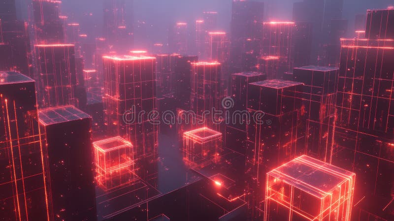 Futuristic Isometric 3D Scene of Floating Data Structures in a Neon ...