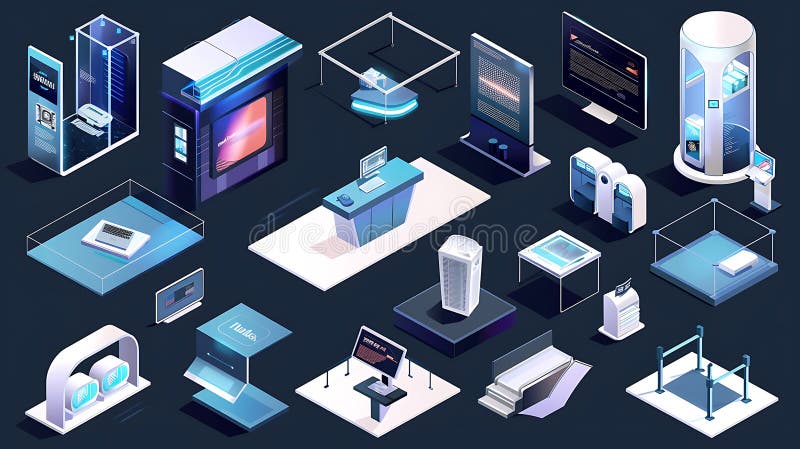 Futuristic Isometric 3D Set of Promotional and Exhibition Stands in ...