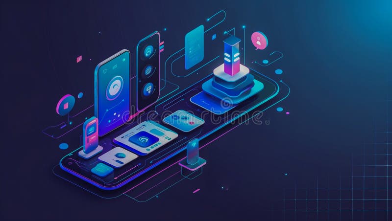 Abstract 3D Technology Ecosystem in Neon Hues Stock Illustration ...