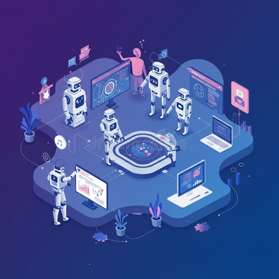 A Futuristic, Isometric Digital Illustration Featuring Humanoid Robots ...