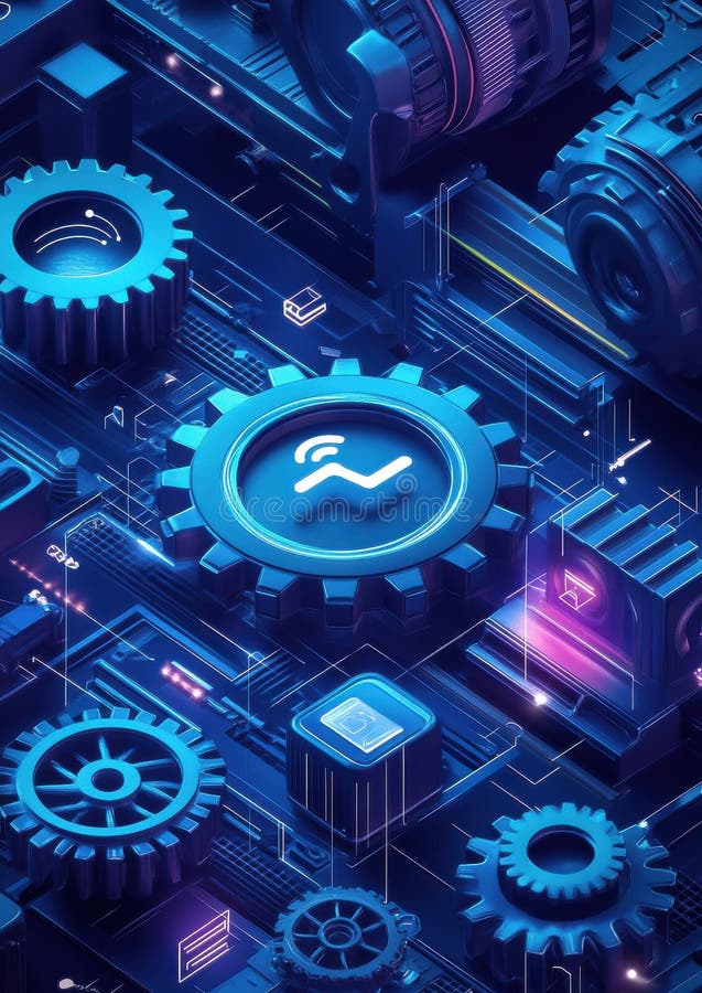 Futuristic Isometric Gear System with Technology Elements and Blue ...