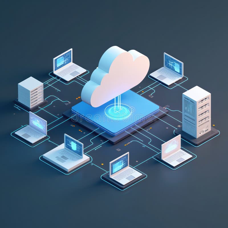 Futuristic Isometric Illustration of Cloud Computing Network. Multiple ...