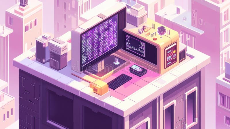 Retro Rooftop Coding Studio Stock Illustration - Illustration of code ...