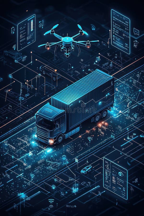 Futuristic Isometric Illustration Showcasing Drones and a Truck in a ...