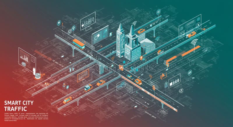 Futuristic Isometric Illustration of a Smart City Traffic System. Features Include Stock ...