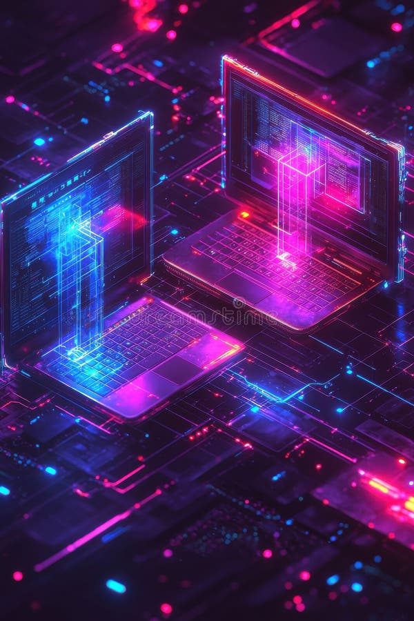 Futuristic Isometric Illustration of Two Connected Laptops with Glowing ...