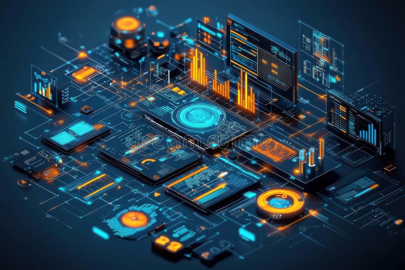 Futuristic Isometric Layout Illustrating Data Analysis with Glowing ...
