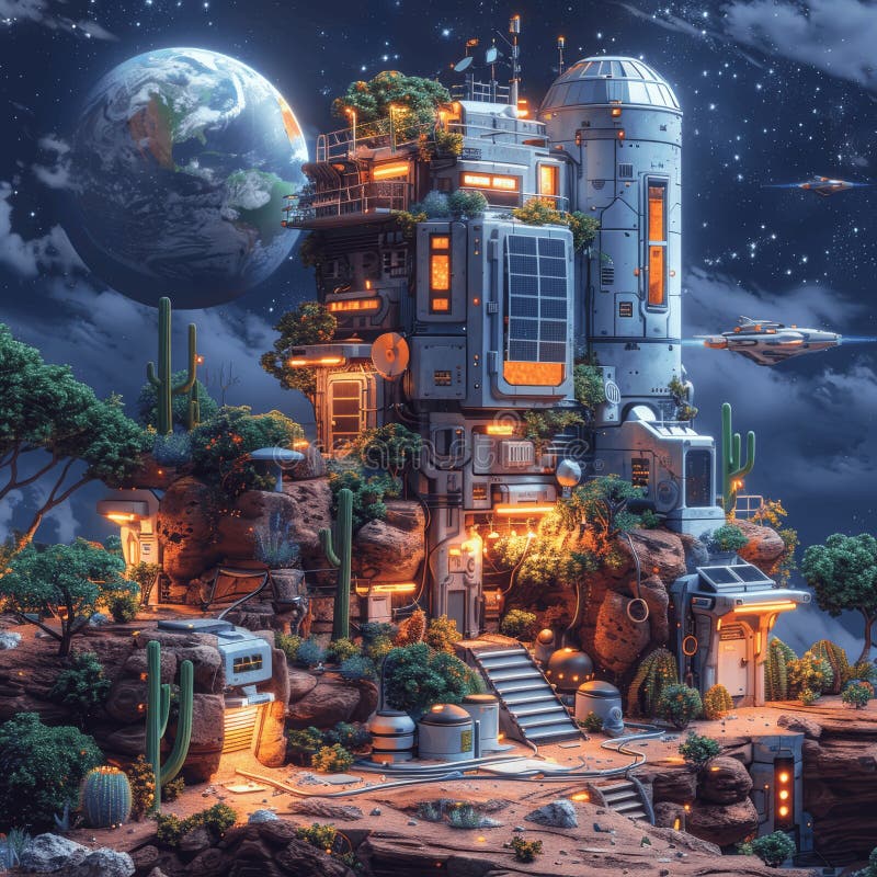 Futuristic Isometric Space Station Orbiting Distant Planet with ...